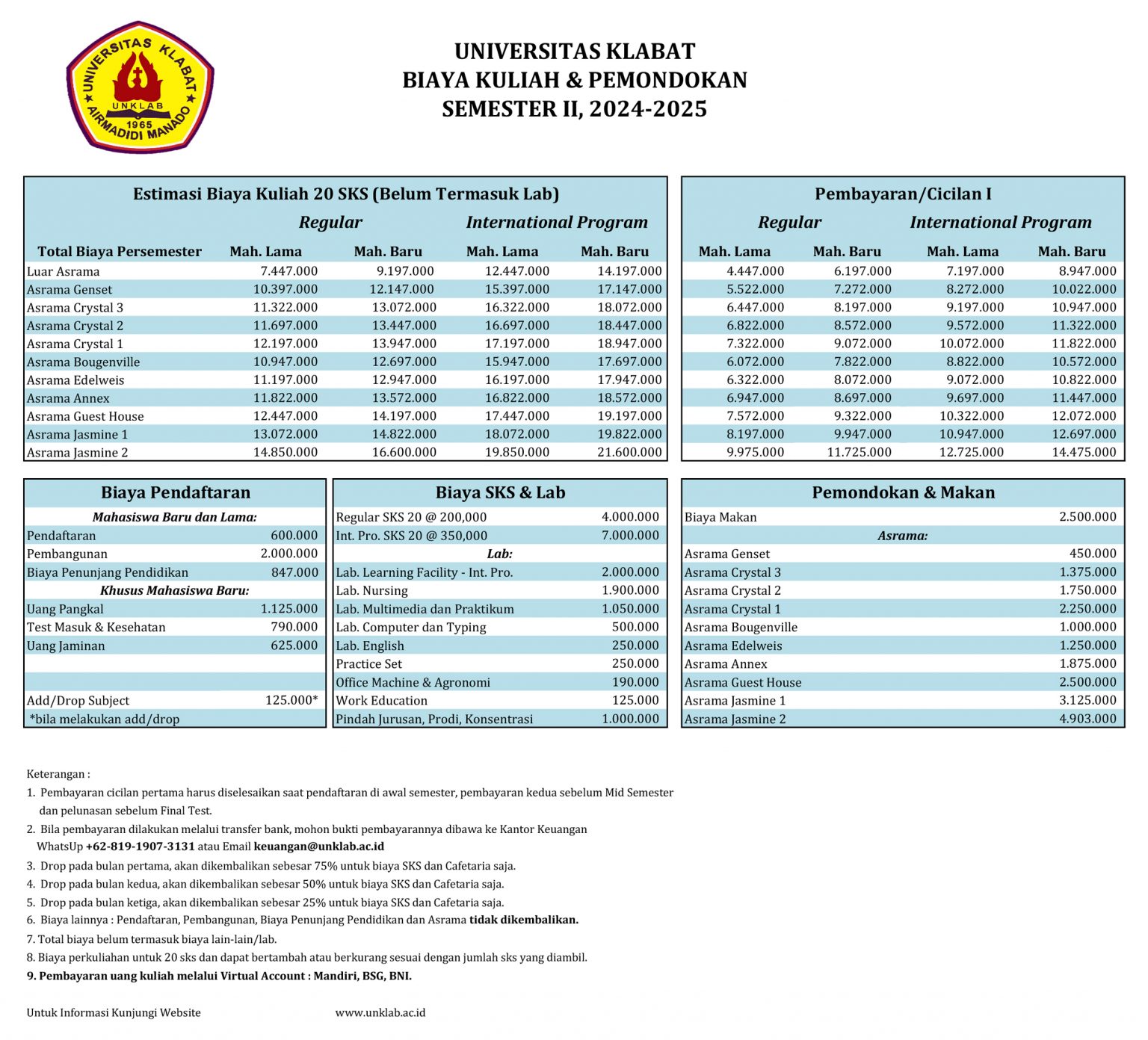 Biaya Perkuliahan | Universitas Klabat