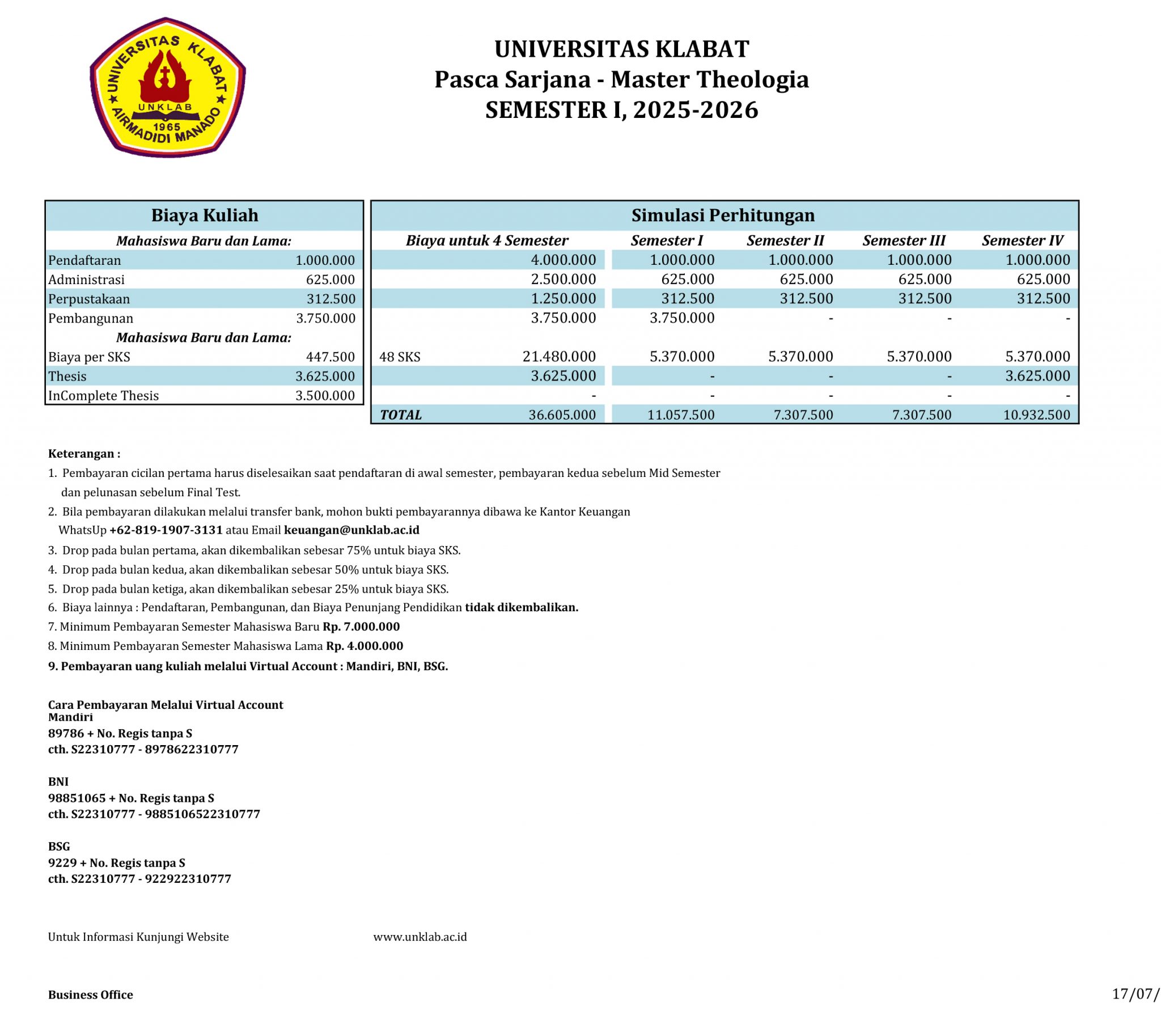 Biaya Perkuliahan | Universitas Klabat