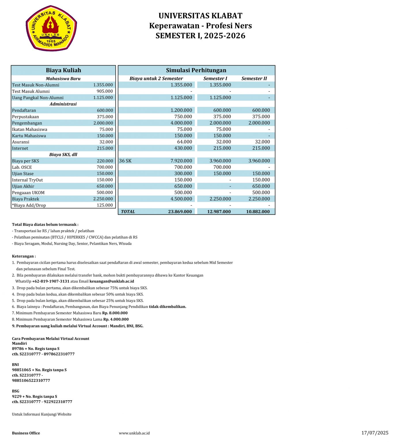Biaya Perkuliahan | Universitas Klabat